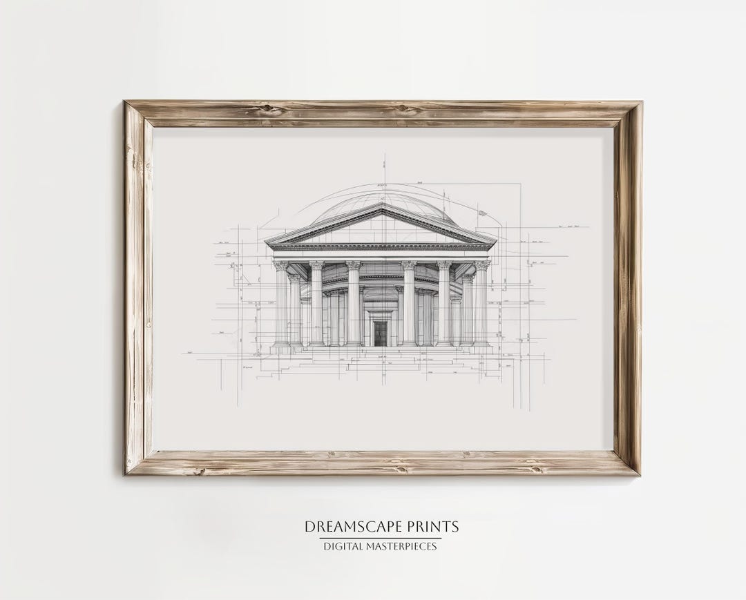 Architectural Blueprint Line Drawing Pantheon Sketch of Monochrome ...