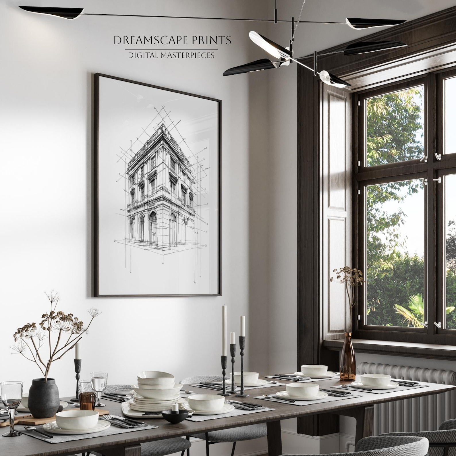 Architectural Line Drawing Blueprint Minimalist Art Black and White ...