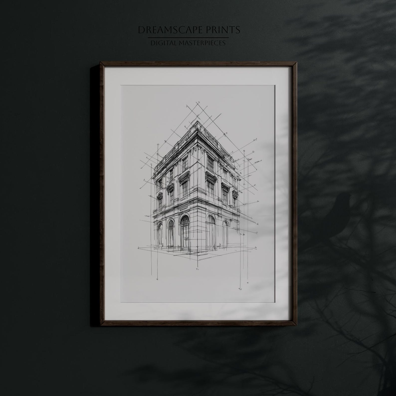 Architectural Line Art Drawing Classical Building Print Monochrome ...