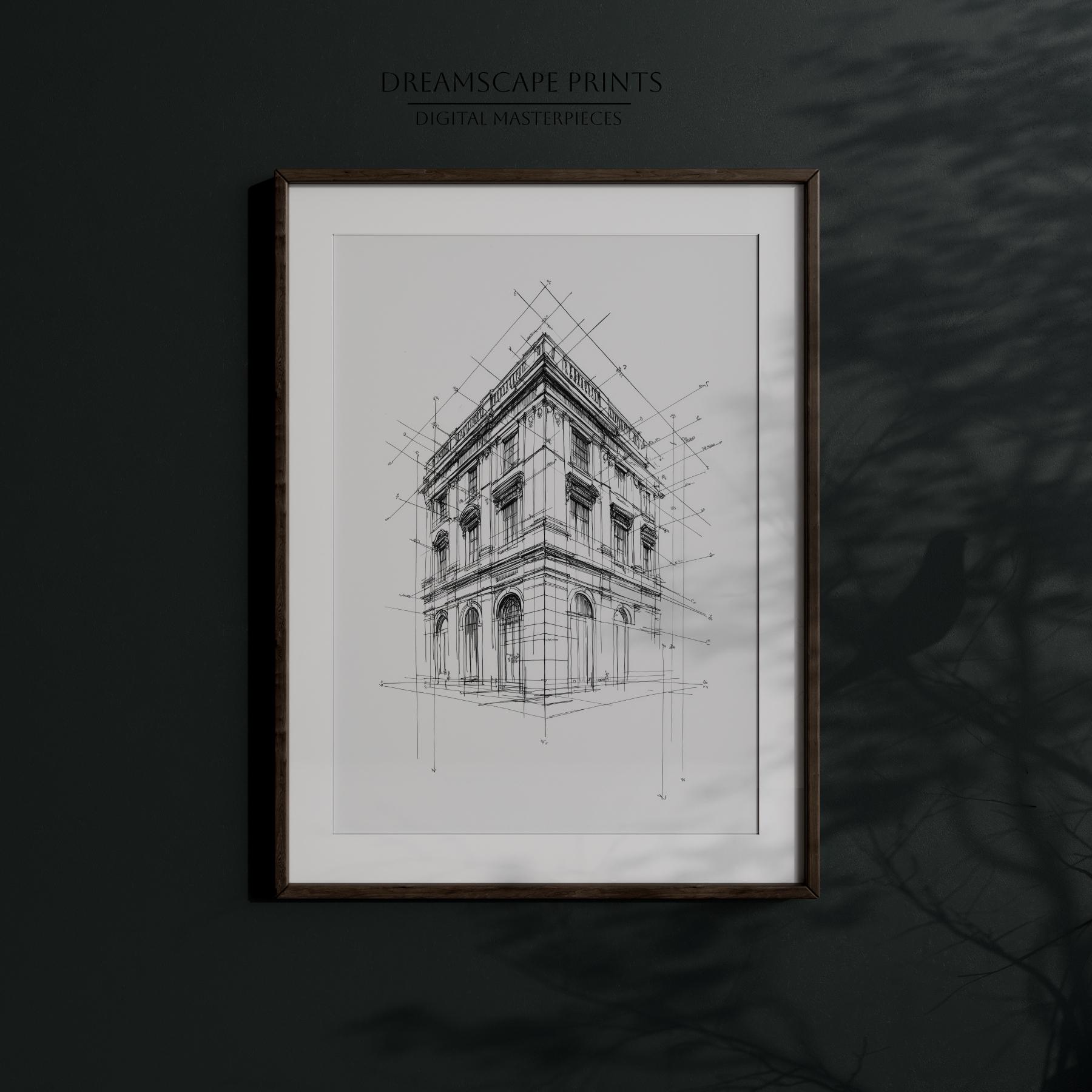 Architectural Line Drawing Blueprint Minimalist Art Black and White ...