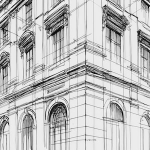 Architectural Line Drawing Blueprint Minimalist Art Black and White ...