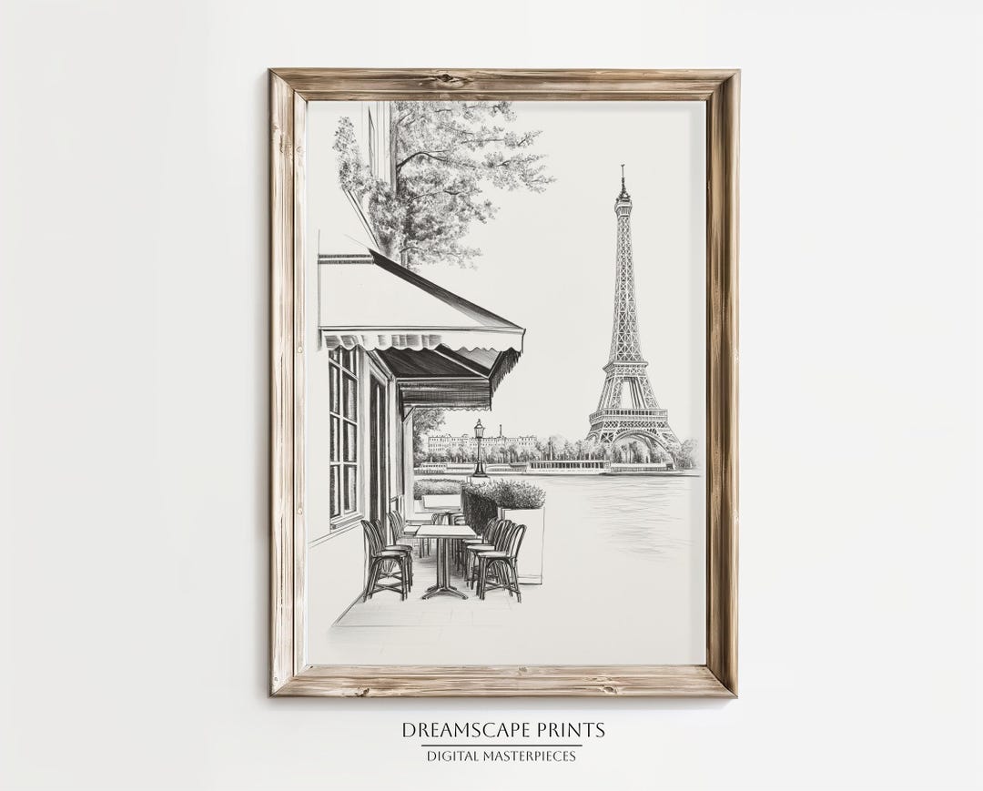 Paris Cafe Pencil Sketch Eiffel Tower Line Art Print Black & White ...