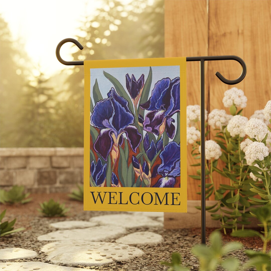 Purple Iris Welcome Garden & House Banner, Floral Garden House Flag ...