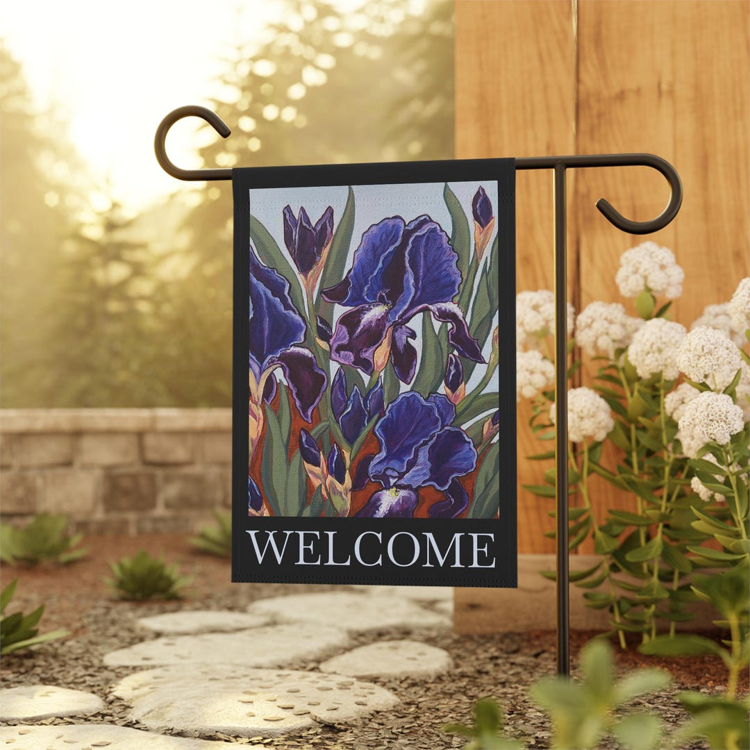 Purple Iris Welcome Garden & House Banner, Floral Garden House Flag ...