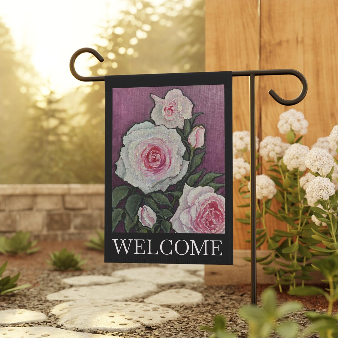 Pink Roses Welcome Garden & House Banner, Floral Garden House Flag ...
