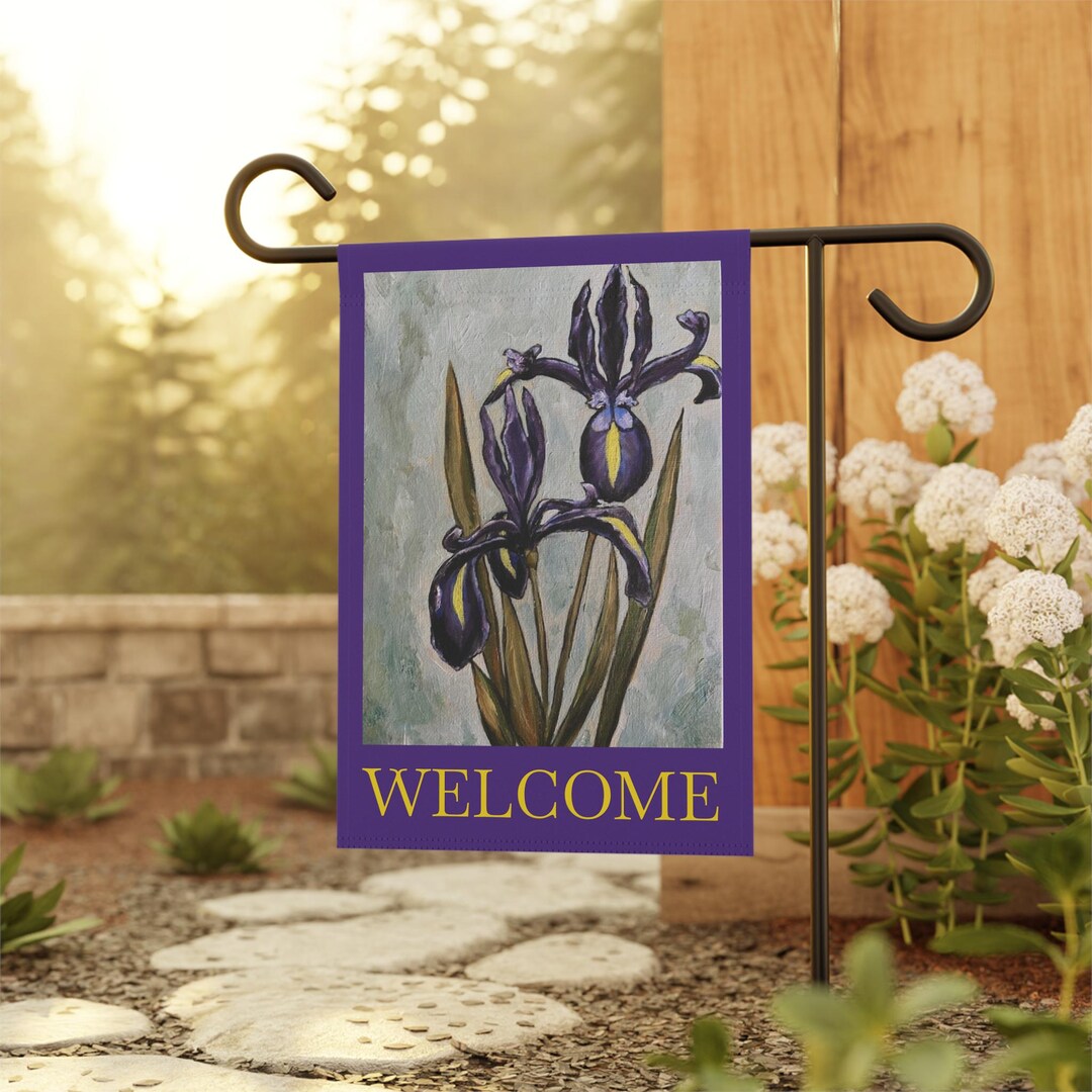 Iris Welcome Garden & House Banner, Floral Garden House Flag, Welcome ...