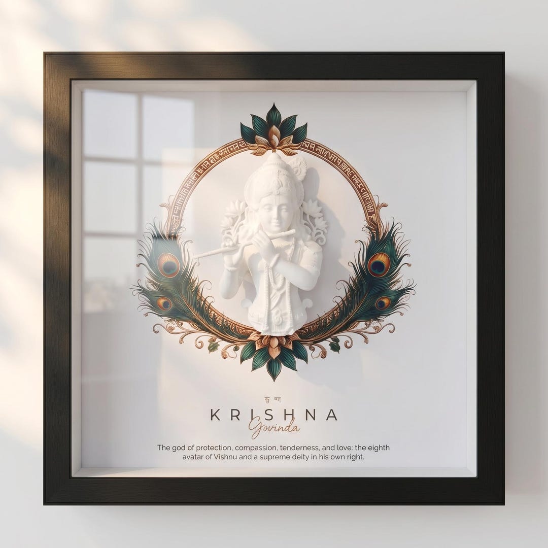 Krishna 3D Shadow Box, Hindu Mythology Framed Wall Art, Flute Player ...
