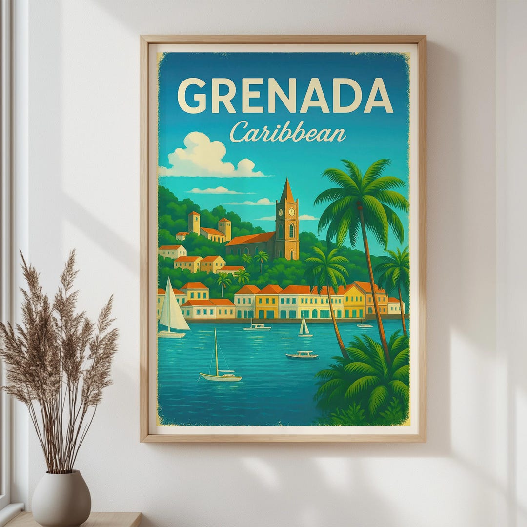 Grenada Caribbean Retro City Print – Vintage Travel Poster, Tropical ...