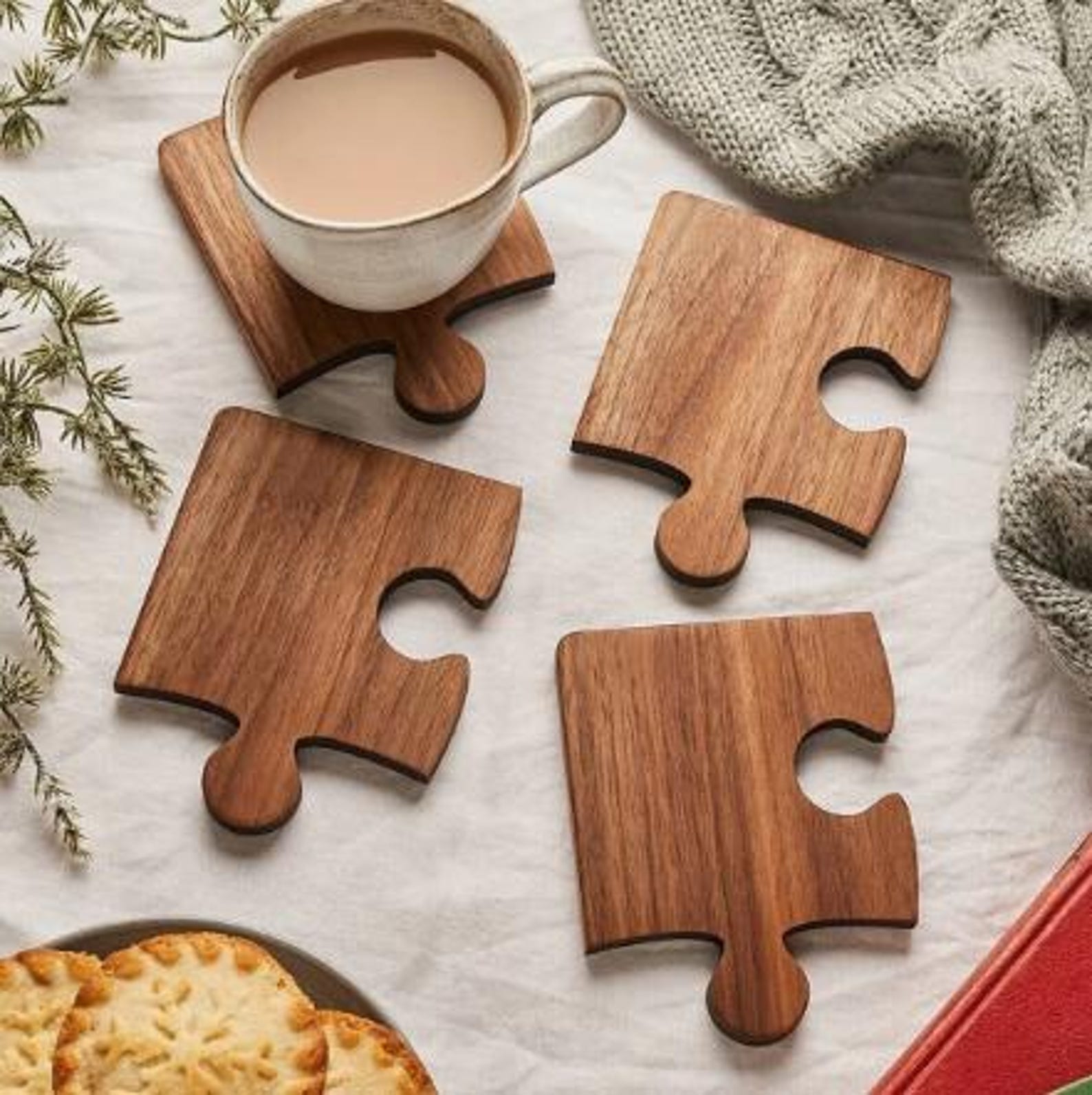 Wooden Patterned Puzzle MDF Coaster Set of 4 10x10 Cm Desktop ...
