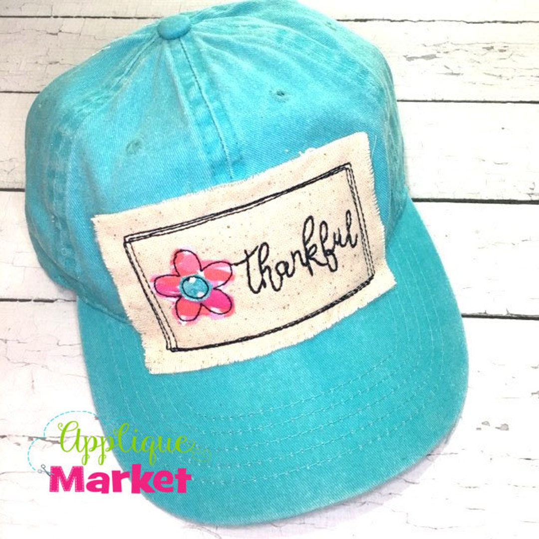 Machine Embroidery Applique Design Rectangle Doodle Flower Thankful Hat ...