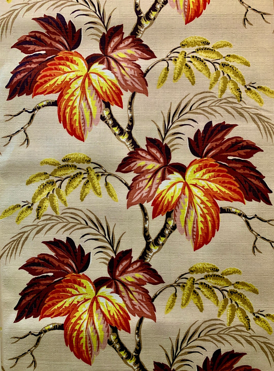 Spectacular Vintage 1950s Fall Foliage and Flowers Barkcloth Fabric ...