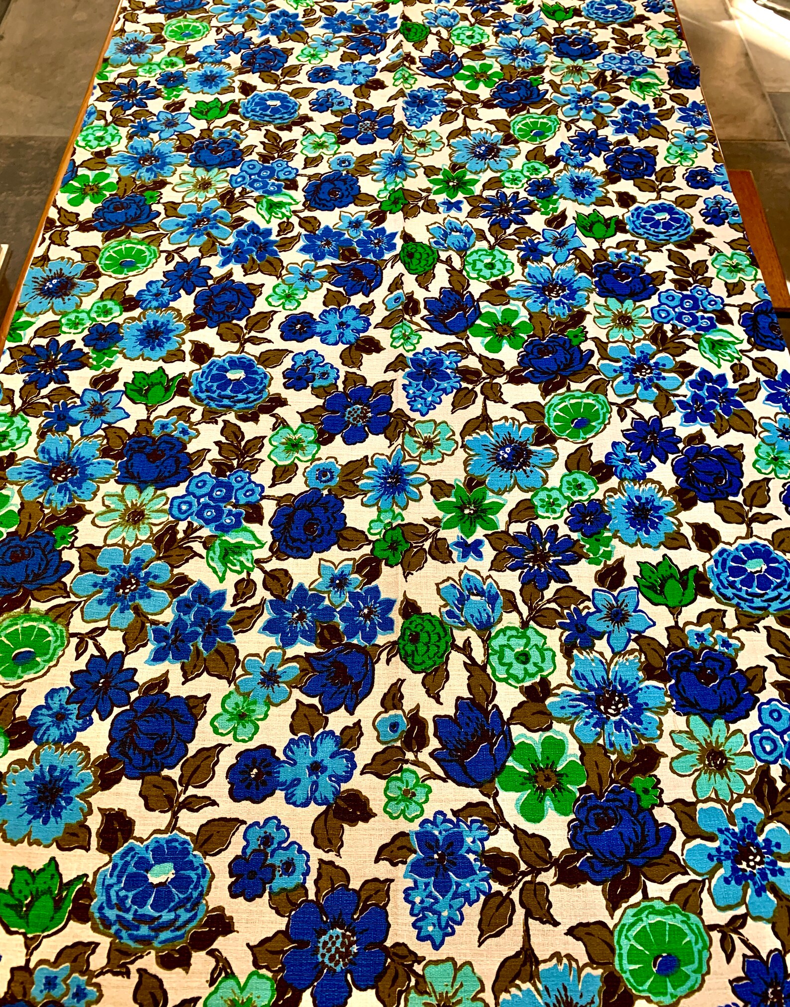 1960s Floral Barkcloth Fabric: Blue, Green, White Cotton Yardage - Boho ...