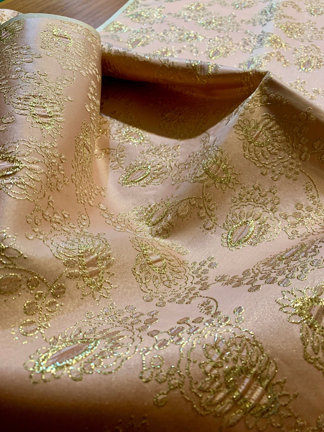1960s Silk Satin Fabric: Gold Thread Embroidery, Holiday Apparel, Home ...