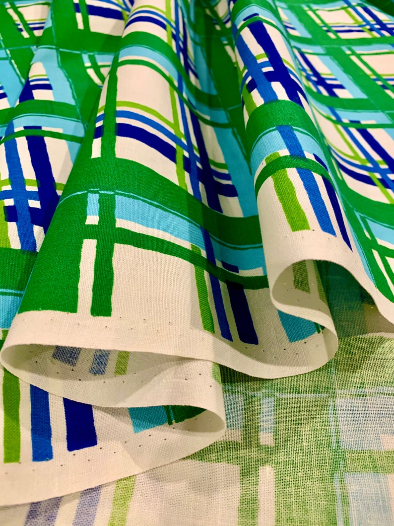 50s MCM Plaid Cotton Fabric: Green & Blue Lattice Upholstery Yardage - Etsy