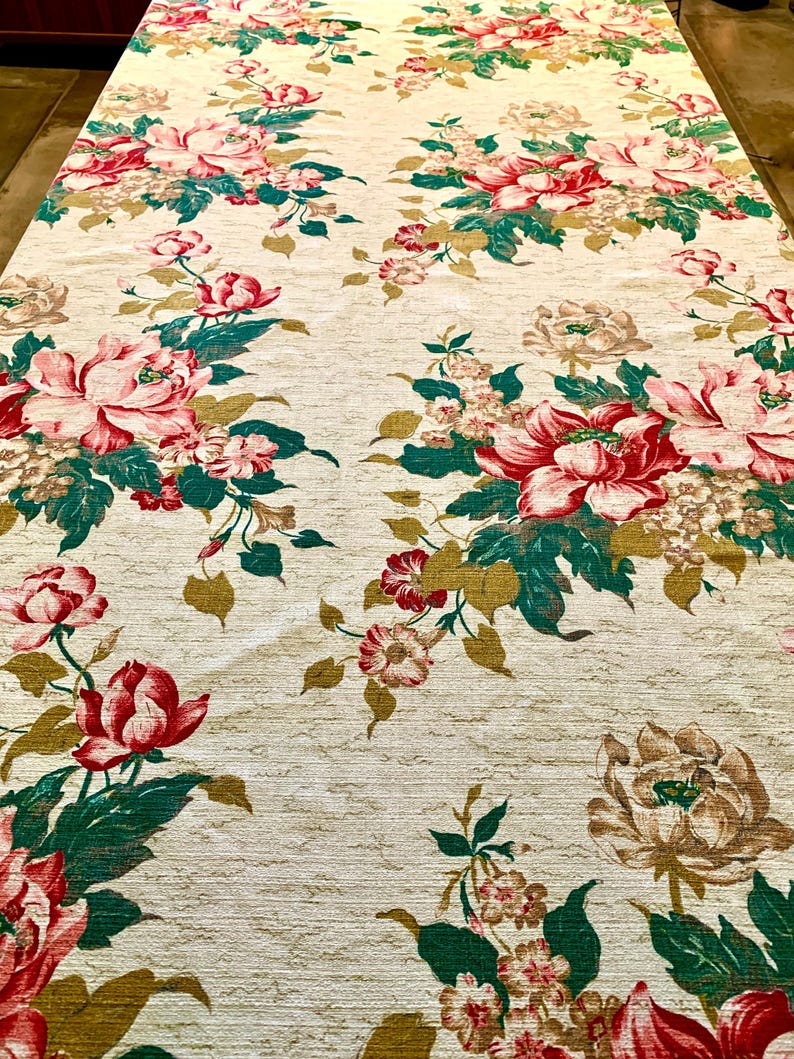 Vintage 40s Floral Barkcloth Fabric: Pastel Hollywood Regency Cotton ...