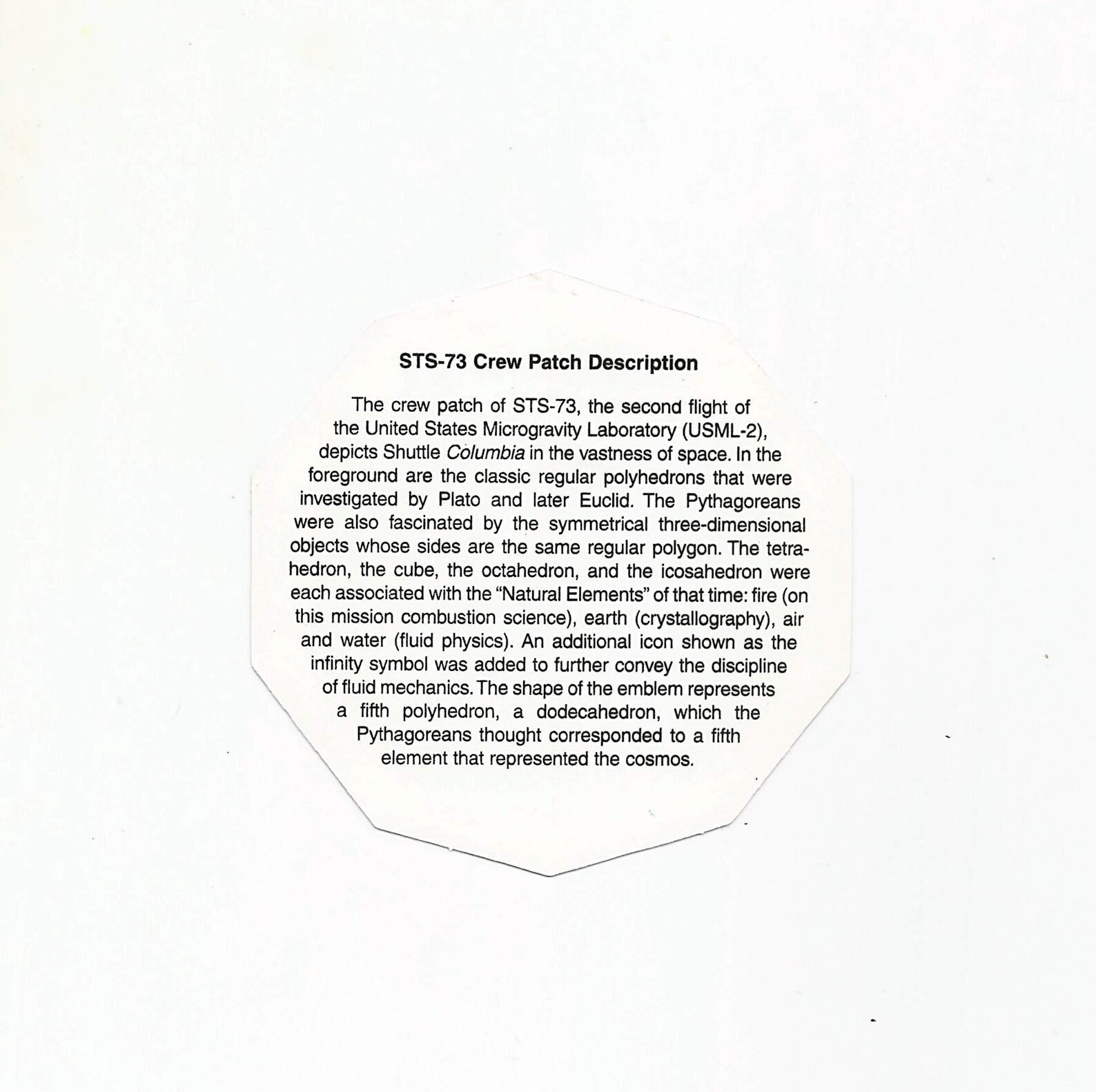 NASA Crew Patch Decal, STS-73, Johnson Space Center Souvenir, Astronaut ...