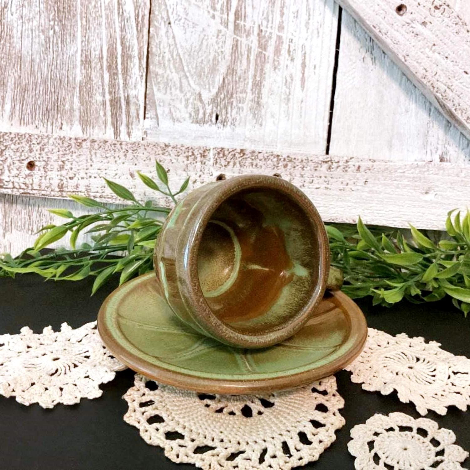 Frankoma Coffee Cup and Saucer, Green and Brown, Wagon Wheel Pattern ...