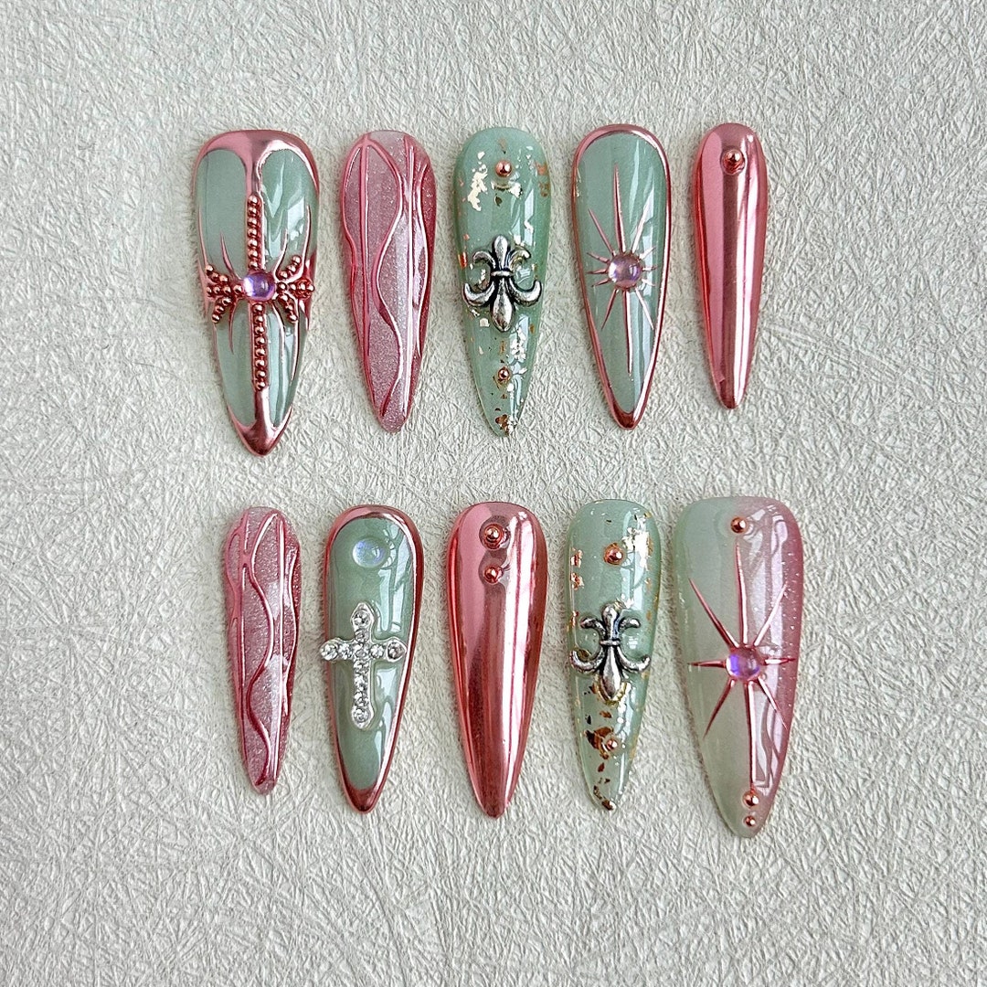 Elegant Crow Heart Nail Long Stiletto Press on Nail,luxury Pink Aurora ...