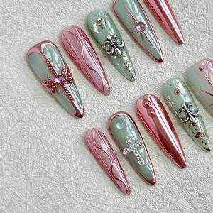 Elegant Crow Heart Nail Long Stiletto Press on Nail,luxury Pink Aurora ...