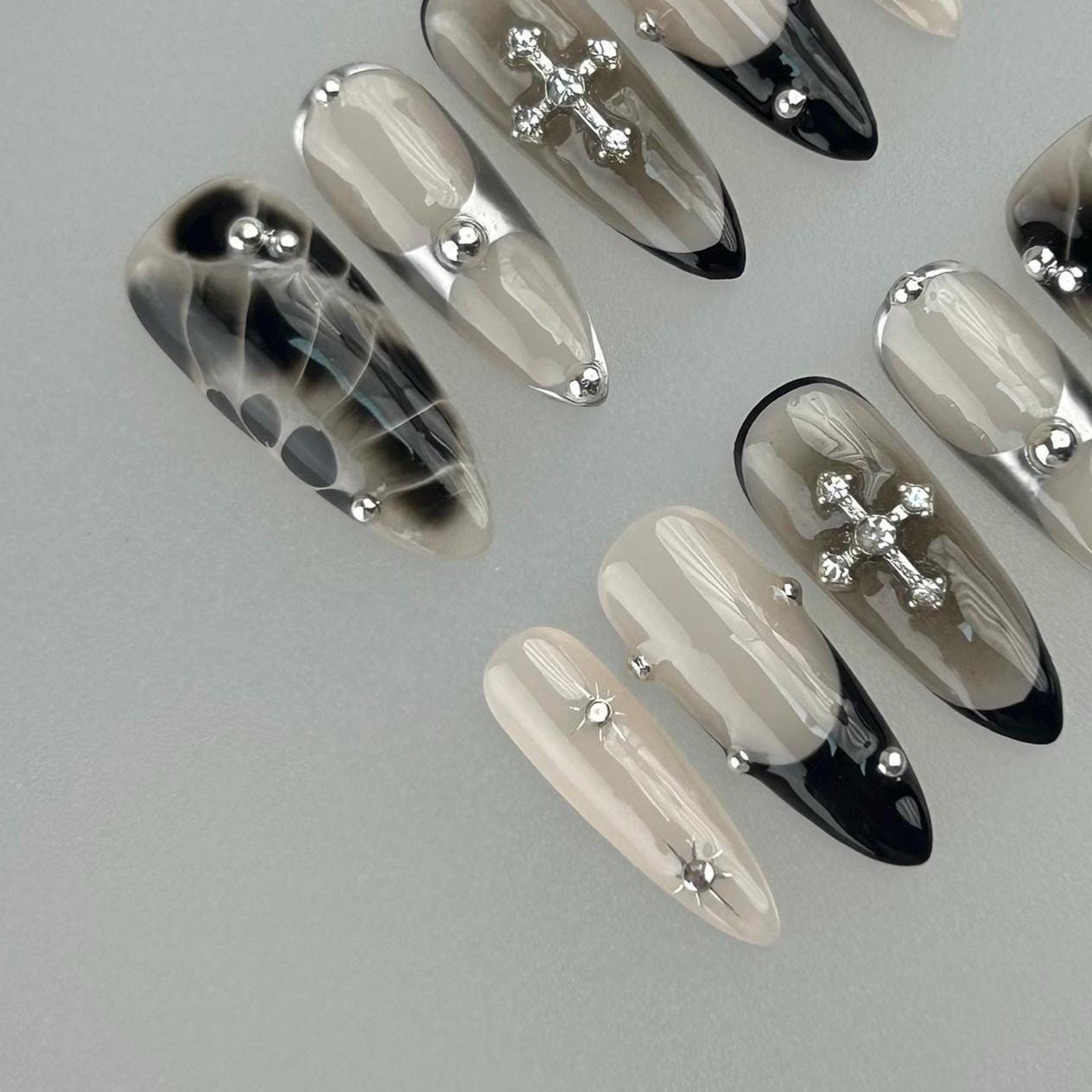 Chrome Star Nails – Gothic Black Chrome Press-on Set With Stars ...