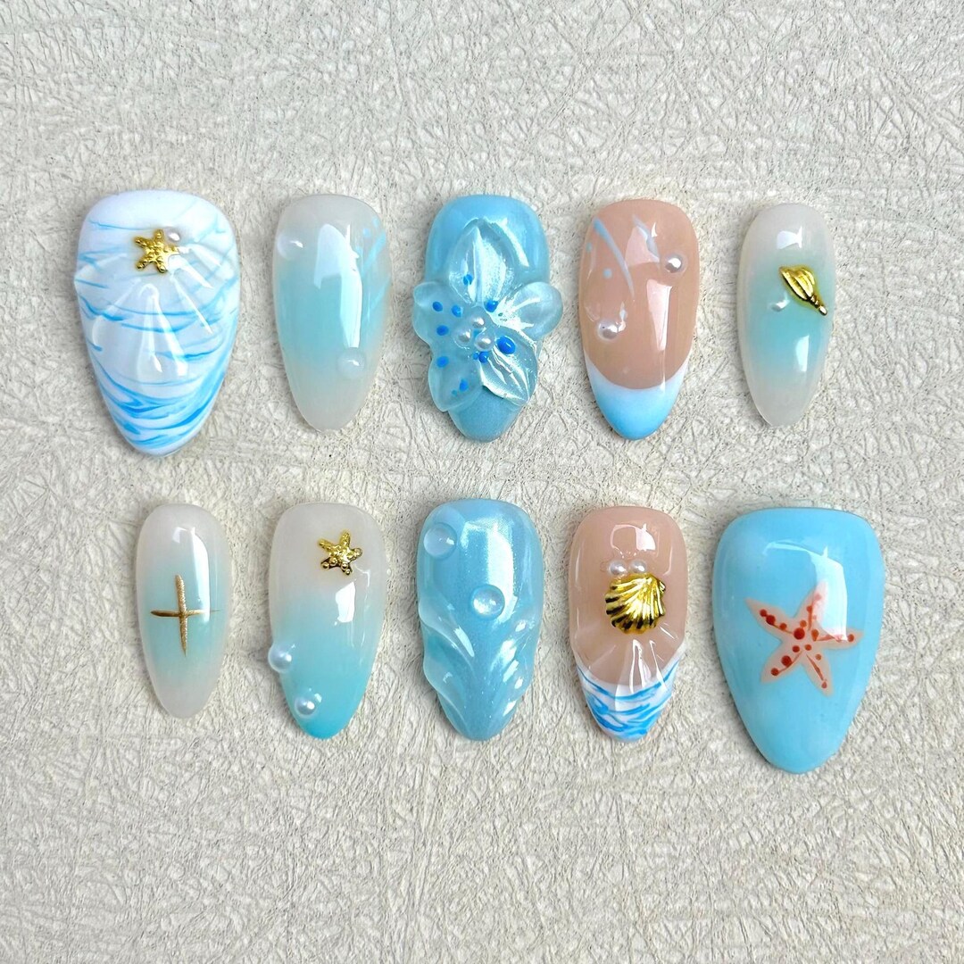 Blue Ocean Element Short Almond Nails, Popular Nails in Spring and Summer, 3D Flower and Shell ...