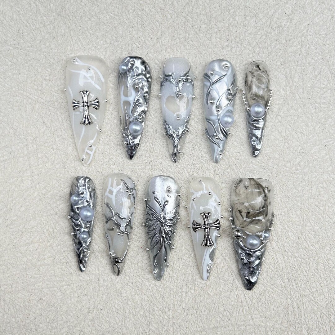 Mystical White Press on Nails,silver Enigmatic Patterns, Artistic Nails ...