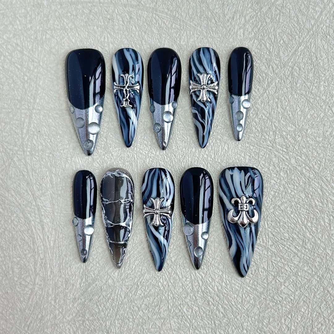 Gothic Black Press on Nails,halloween Nails,cross Nails,metallic Silver ...