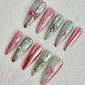 Elegant Crow Heart Nail Long Stiletto Press on Nail,luxury Pink Aurora ...