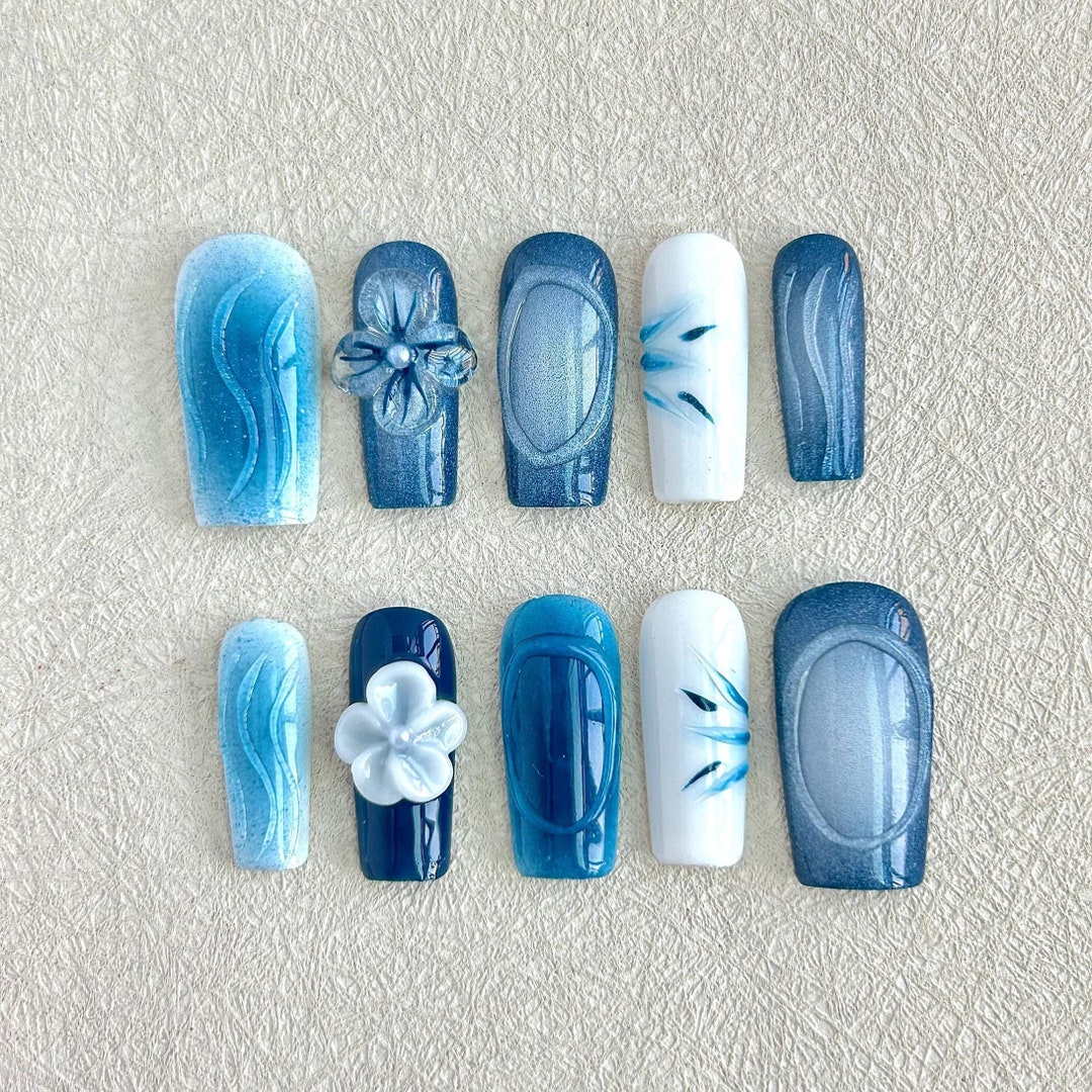 Blue and White Porcelain Nails,3d Floral Press on Nails,long Square ...
