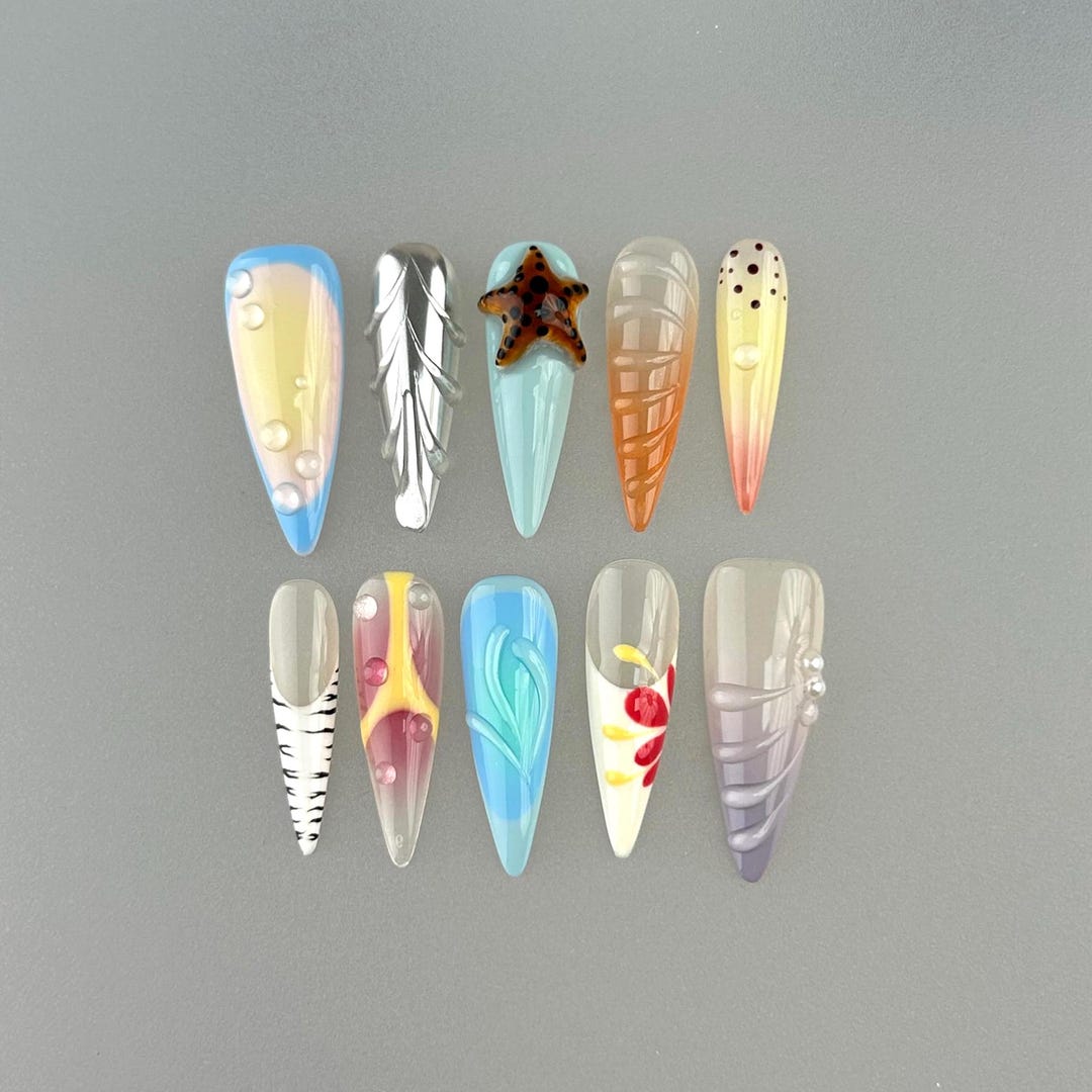 Ocean Themed Floral Nails, Beautiful Summer Handmade Fake Fingernails ...