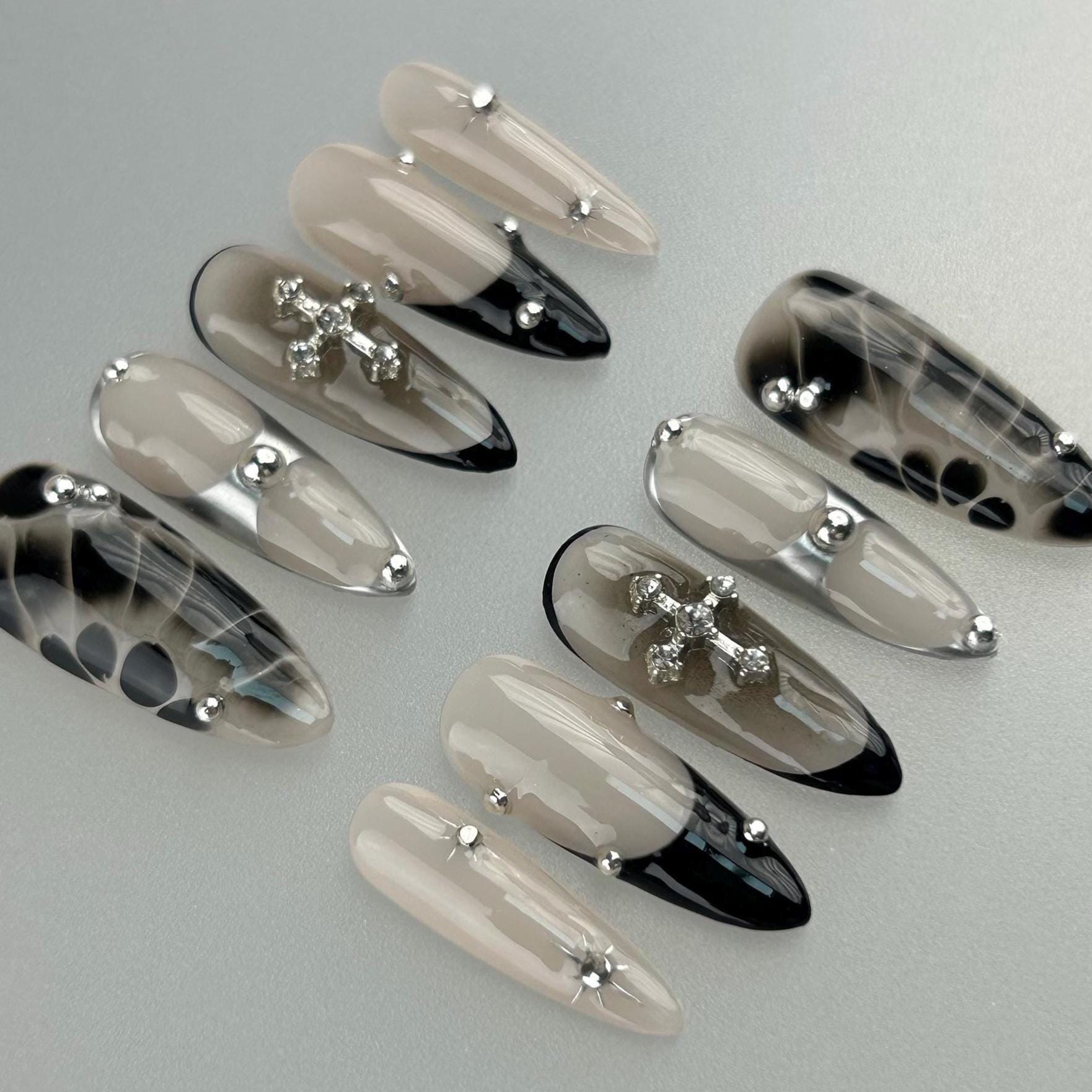 Chrome Star Nails – Gothic Black Chrome Press-on Set With Stars ...