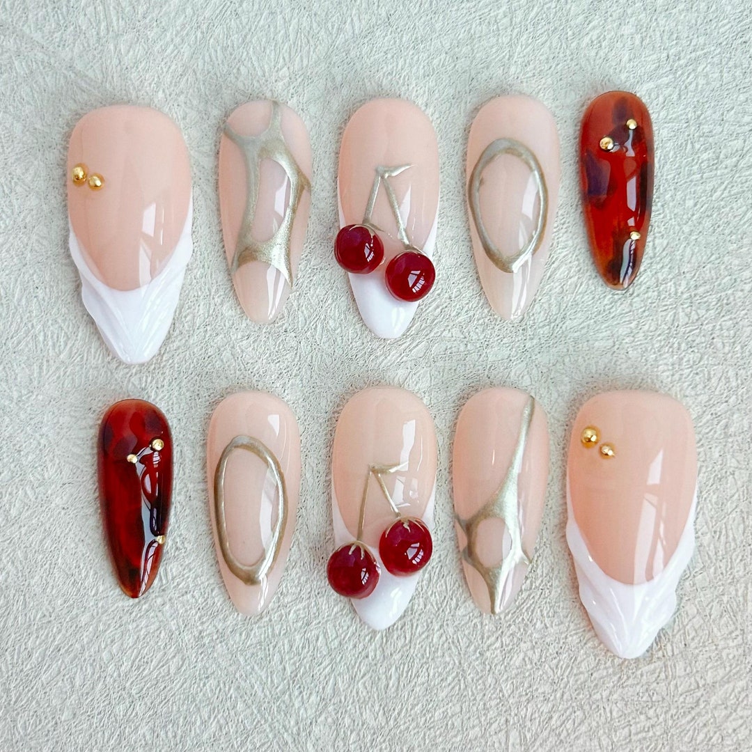 Tortoise Shell Print Nails,3d Red Cherry Nails,white and Brown Hand ...