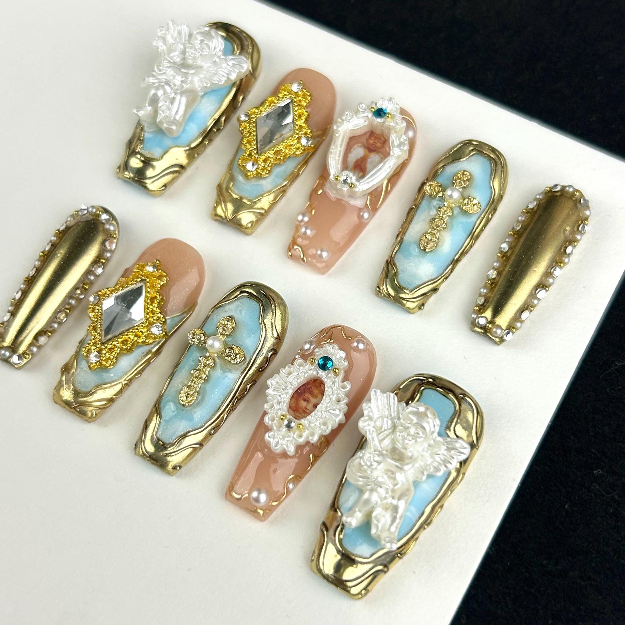 Golden Royal Fallen Angel Nail Long Stiletto Press on Nail,luxurious 3D ...