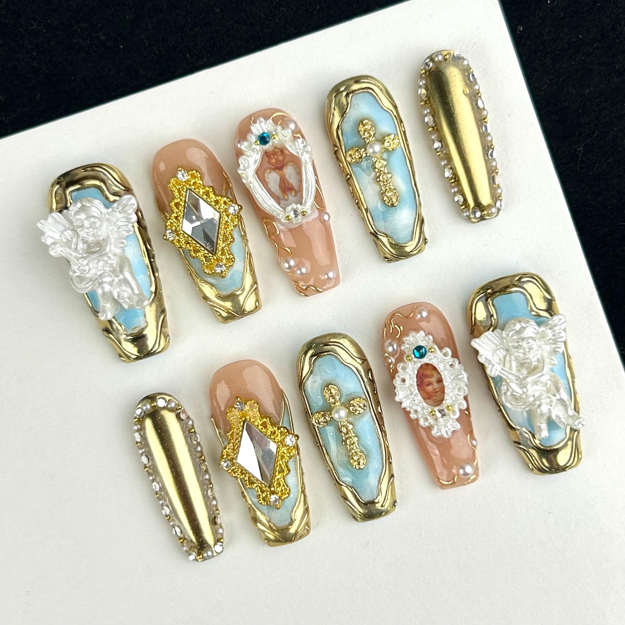 Golden Royal Fallen Angel Nail Long Stiletto Press on Nail,luxurious 3D ...