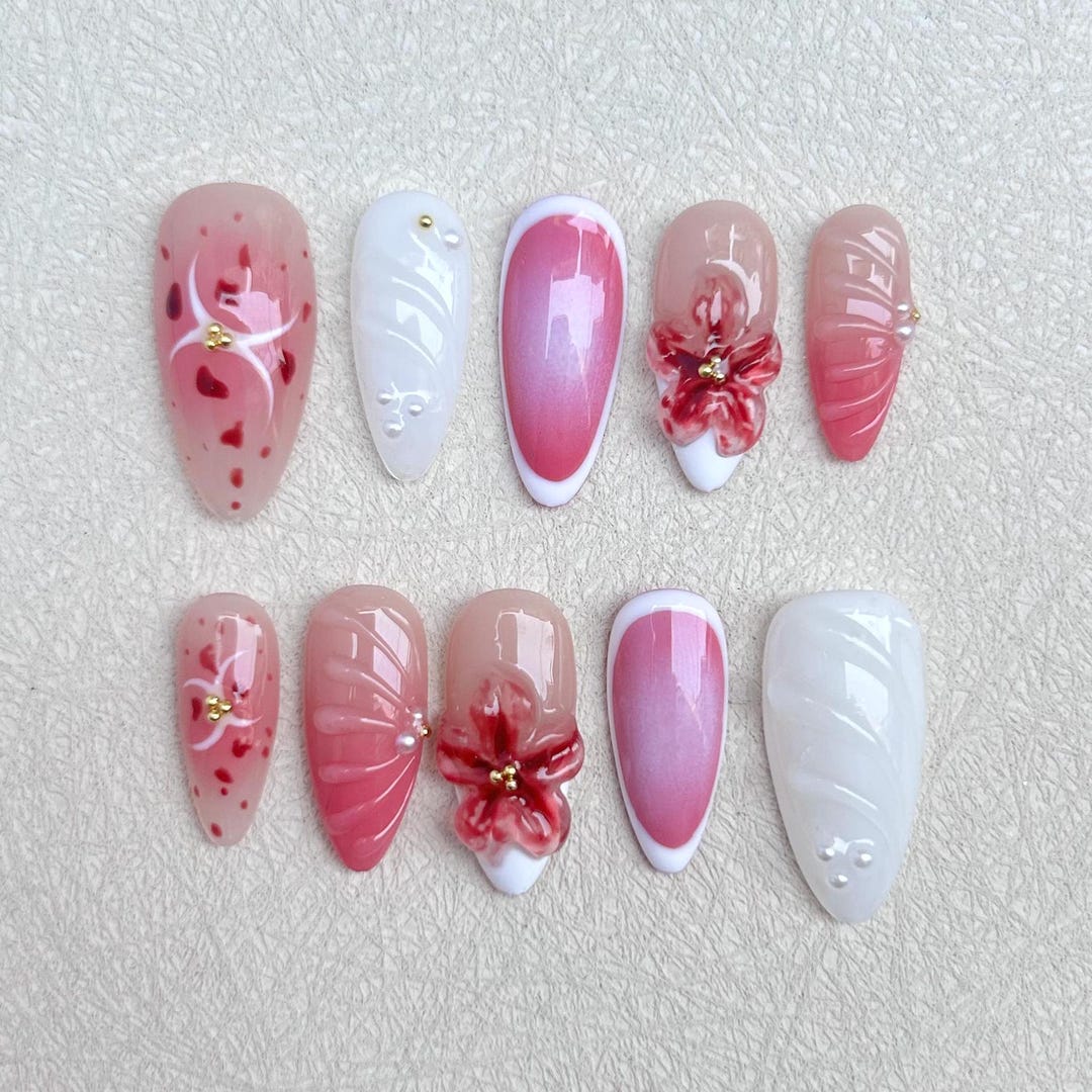 Sakura Pink Romantic Nails, Pink and White Gradient Nails, 3D Hand ...
