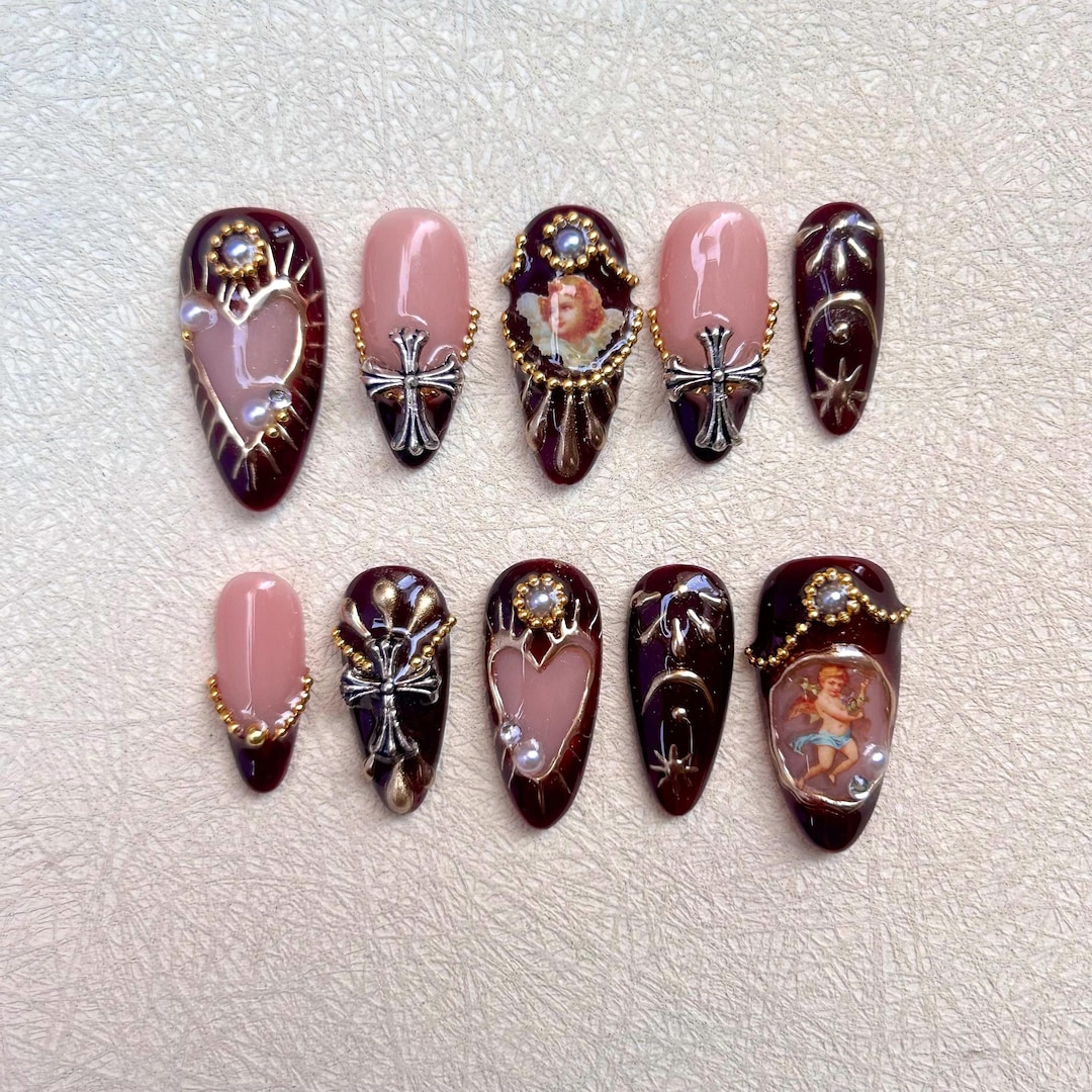 Religious Angel Dark Red Design Press on Nails，gold Vintage Style Nails ...