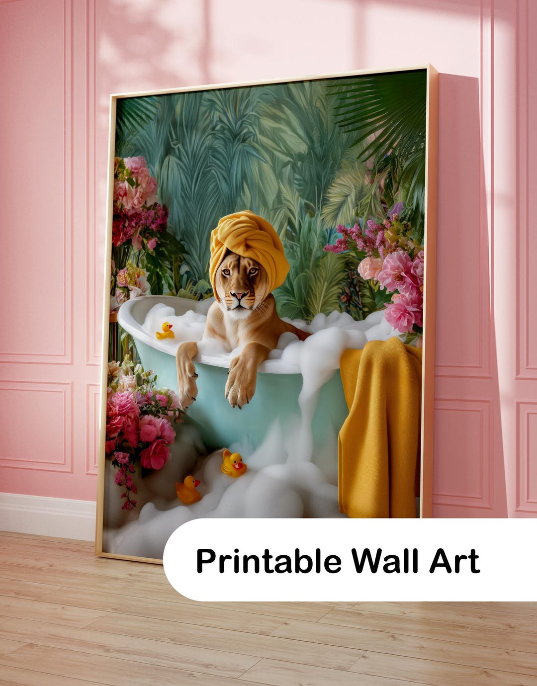 Lioness Bubble Bath Printable Art, Rubber Ducks Bathtub Art, Kitsch ...