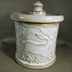 Rustic White Rabbit and Oak Leaf Vanity Jar, Storage Jar, Handmade ...