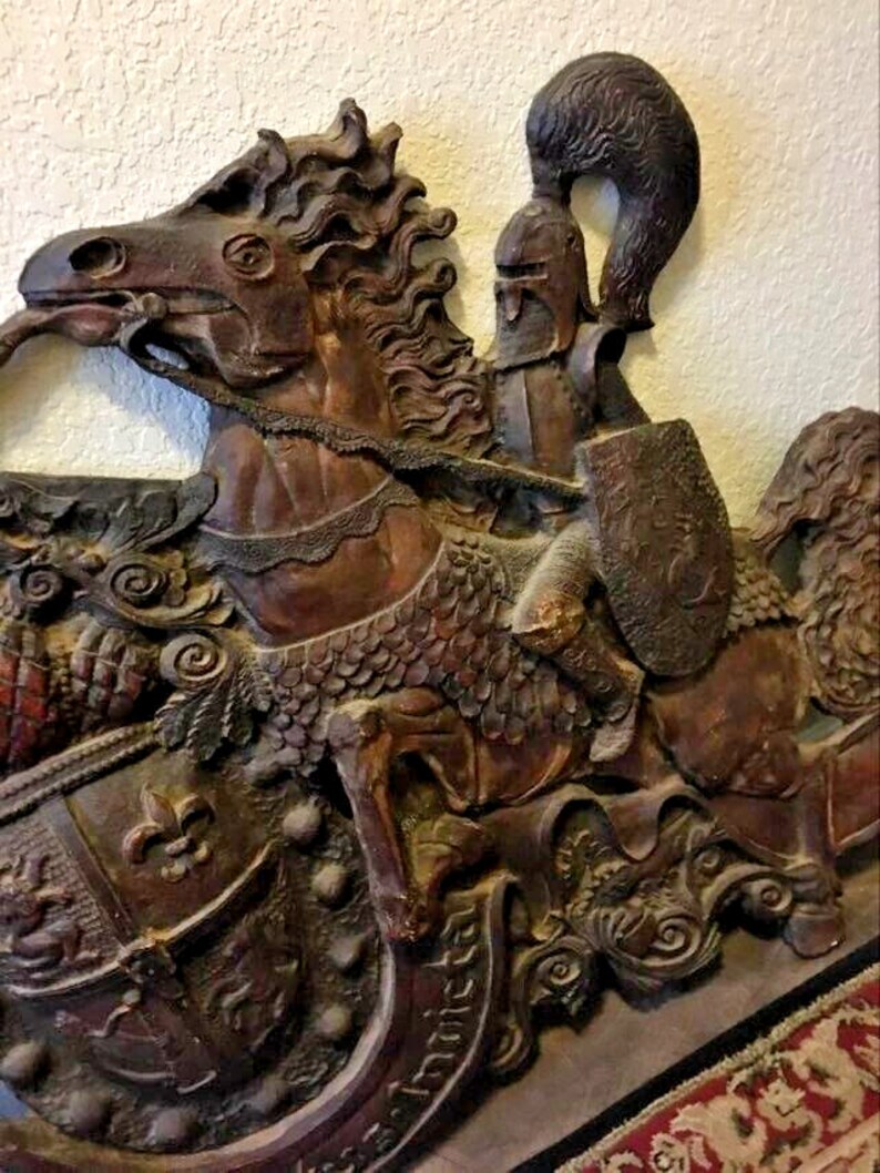 Antique LG 60"w Plaster Cast Hanging Wall Crest Medieval Coat of Arms ...