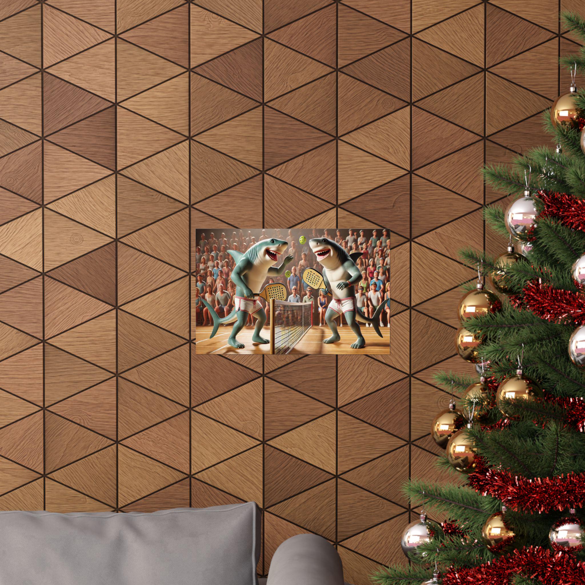 Funny Sharks Playing Pickle Ball Poster, Humorous Shark Decor for ...