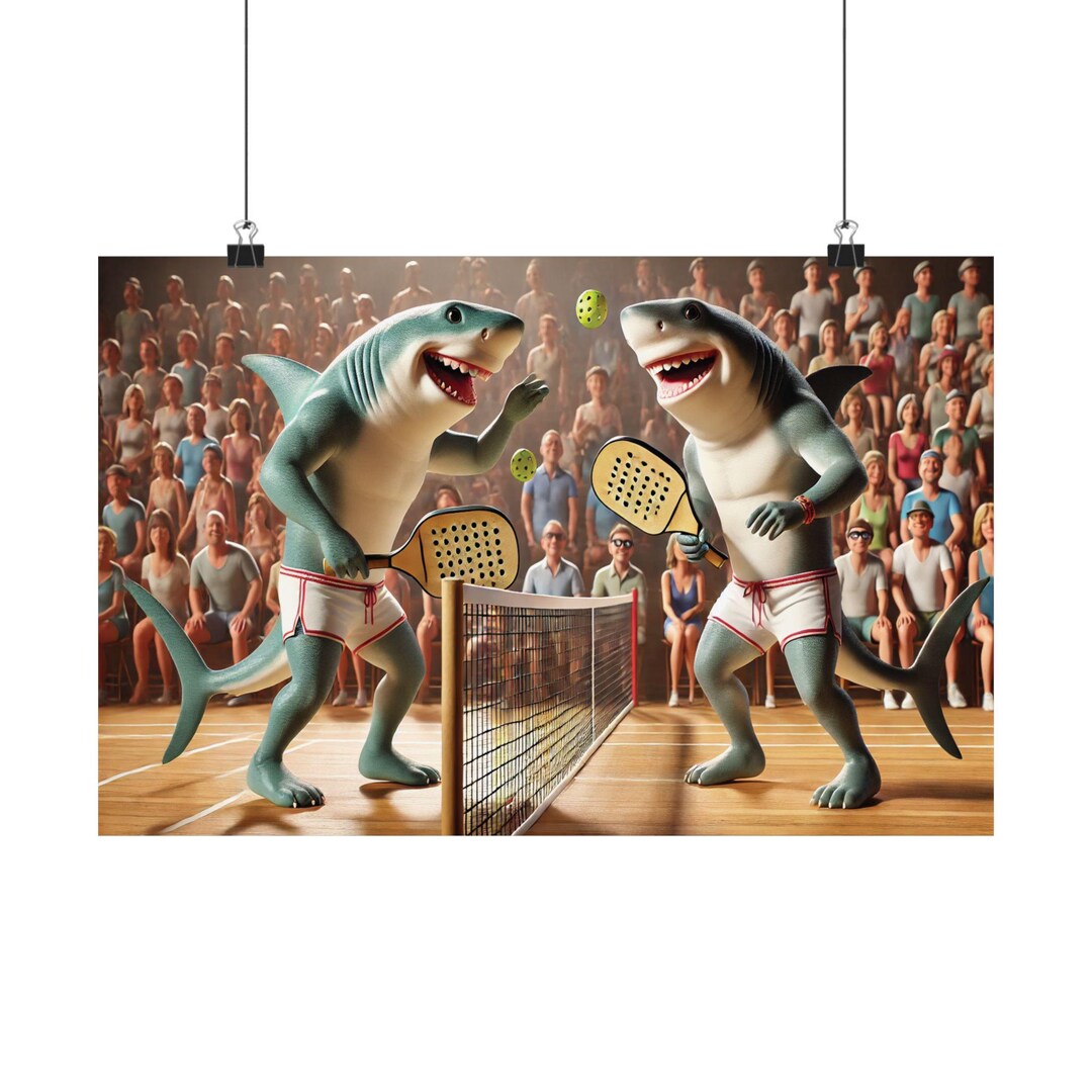 Funny Sharks Playing Pickle Ball Poster, Humorous Shark Decor for ...