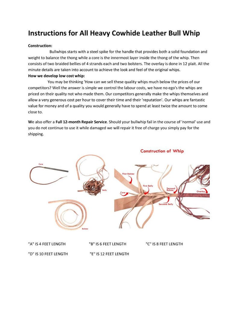 Leather Bullwhip Kangaroo Hide Leather 3 Feet to 12 Feet Long Bullwhip ...