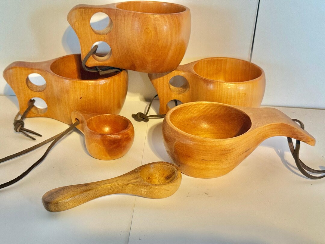 Wood Coffee Cup Kuksa Mug Set Camping Mugs With Spoons6 Pieces, Rope ...