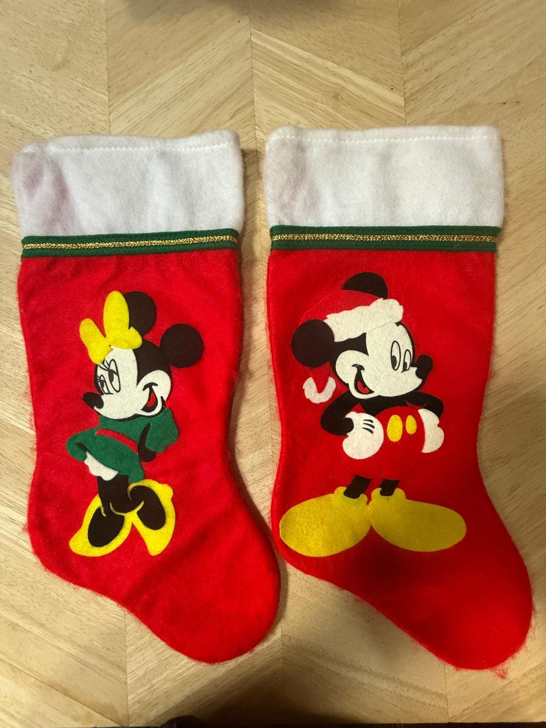 Vtg Walt Disney Mickey & Minnie Mouse Christmas Stocking Pair Raised ...