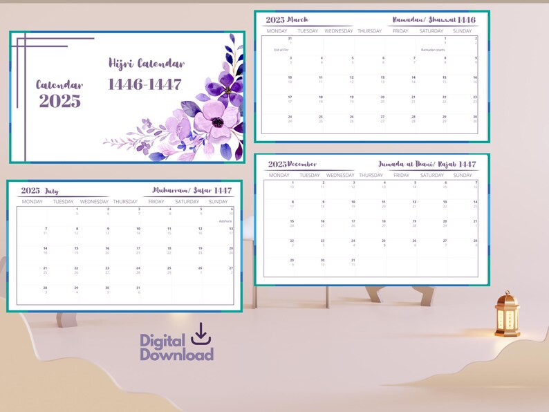 2025 Islamic Calendar With Hijri Dates 1446-1447 Digital Download Quran ...