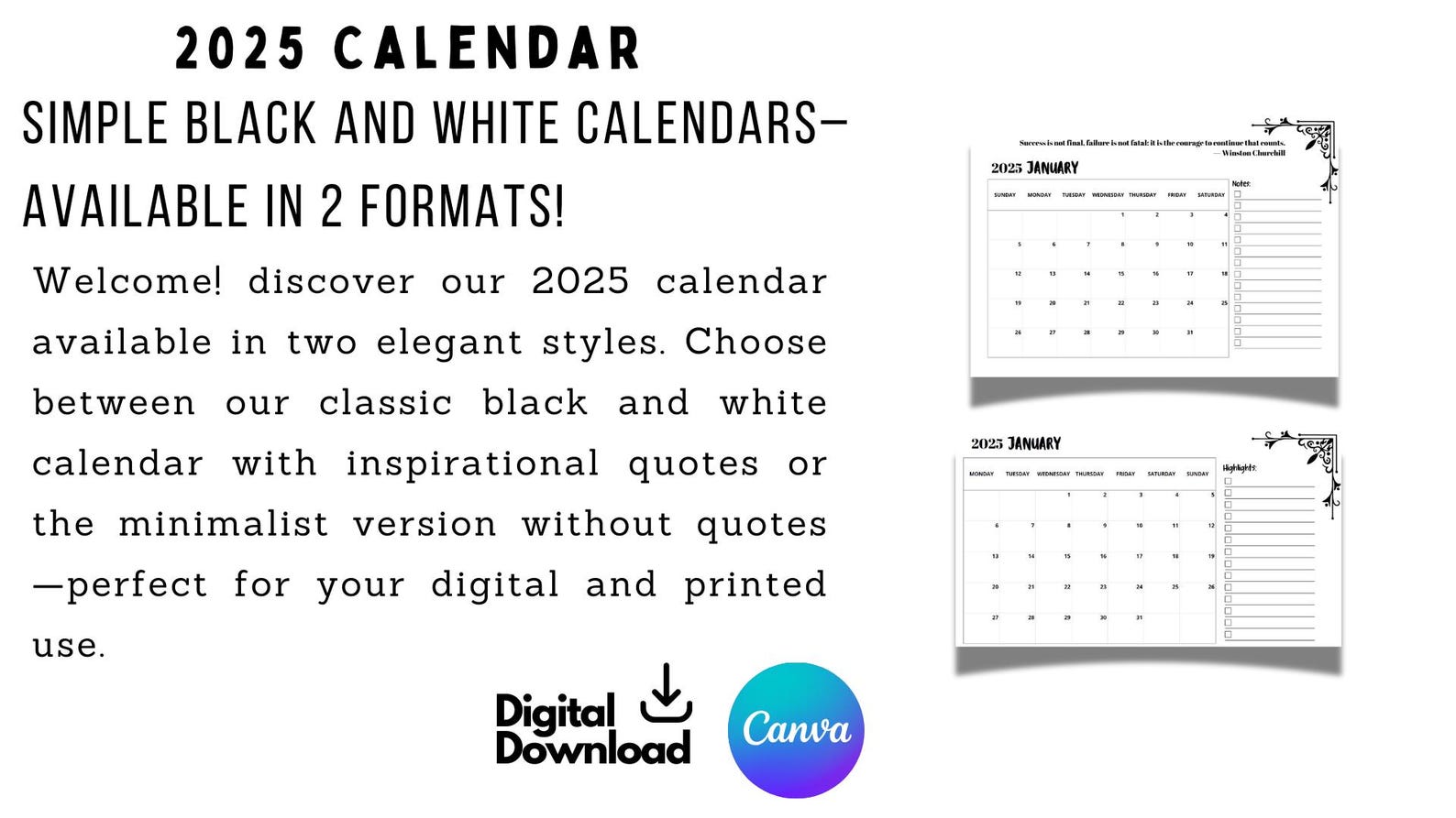2025 Calendar | Minimalist Black & White Design | With Motivational ...