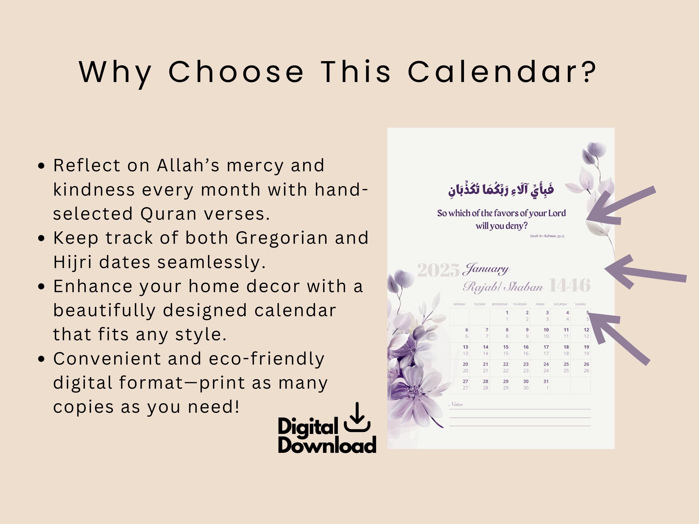 2025 Islamic Calendar With Hijri Dates 1446-1447 Digital Download Quran ...