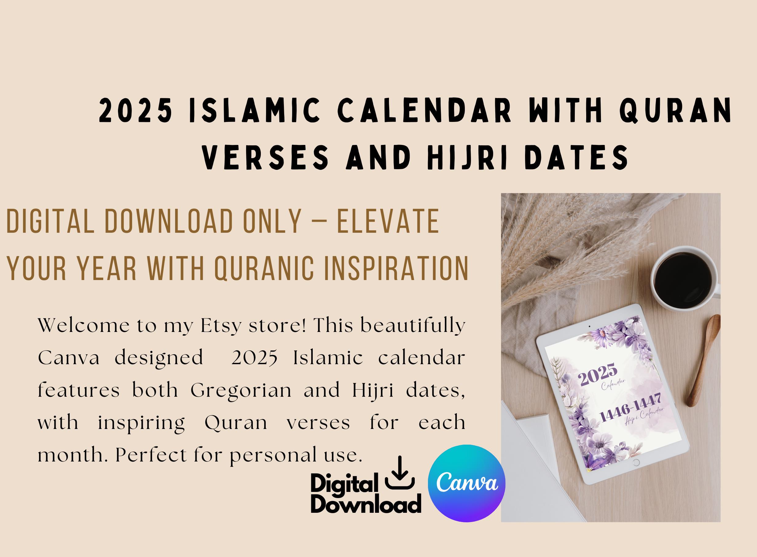 2025 Islamic Calendar With Hijri Dates 1446-1447 Digital Download Quran ...