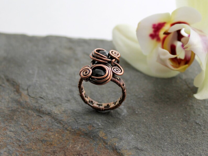 Double Stone Ring Woven Copper wire with Faceted Amber | Etsy