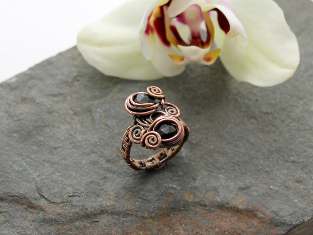 Double Stone Ring Woven Copper Wire With Faceted Amber Tourmaline ...